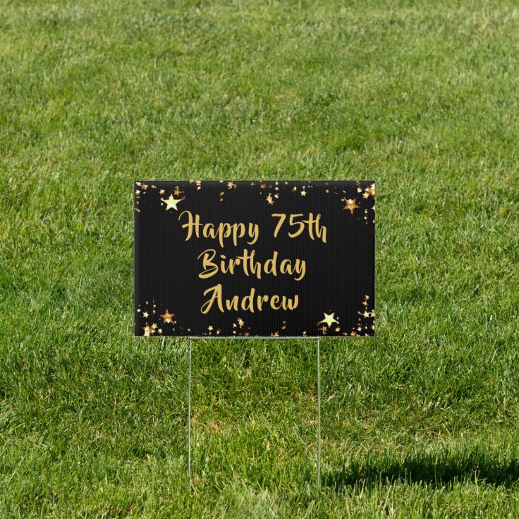 75th Birthday Modern Black and Gold Stars Sign | Zazzle
