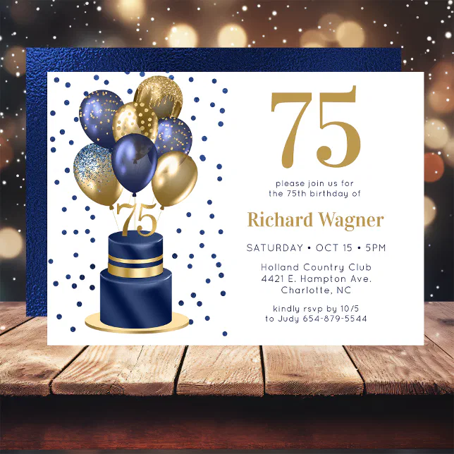 75th Birthday Navy Blue Balloon Cake Invitation | Zazzle
