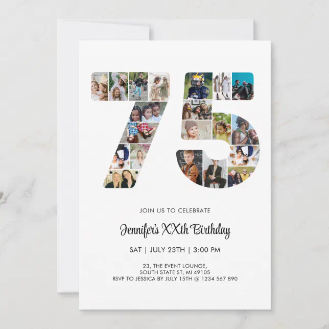 75th Birthday Number 75 Custom Photo Collage Invitation | Zazzle