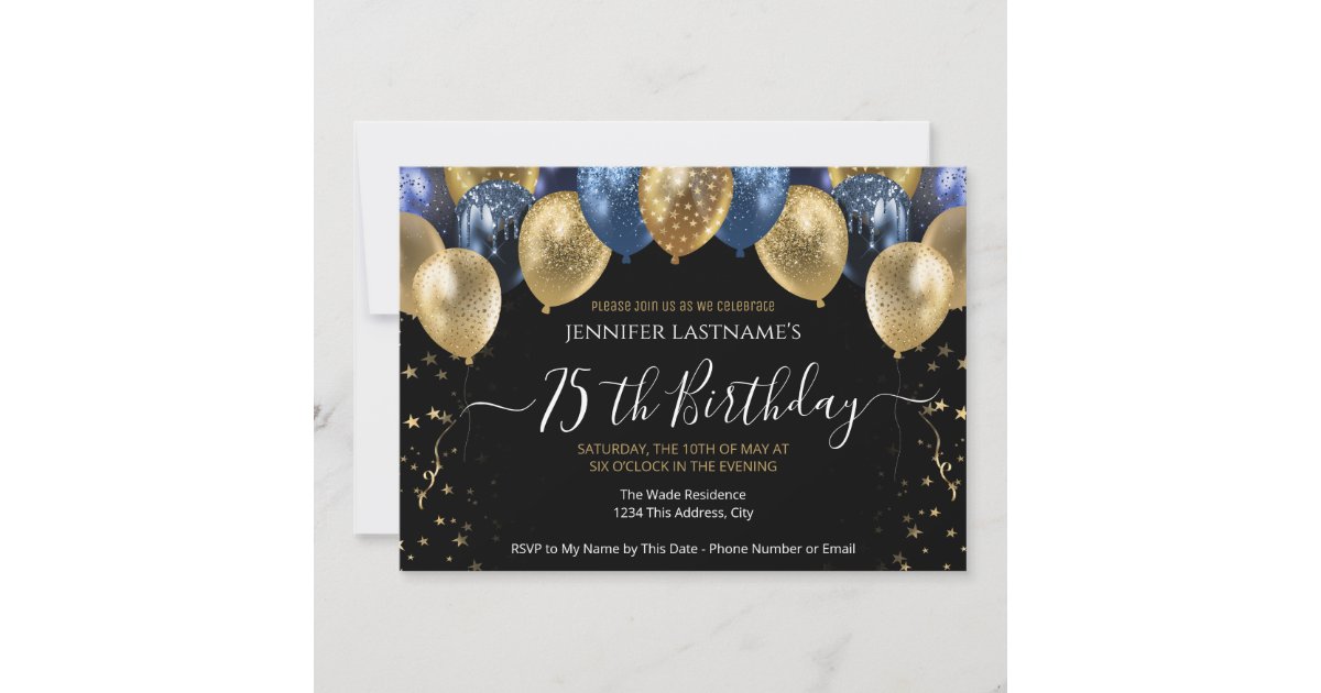 75th Birthday Party Blue and Gold Invitation | Zazzle