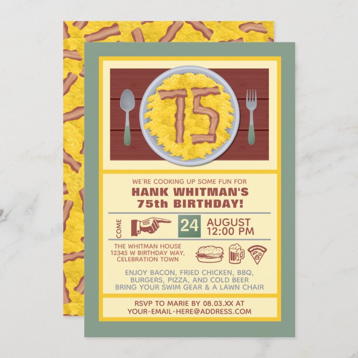 75th Birthday Party Mens Funny Bacon Eggs Theme Invitation | Zazzle