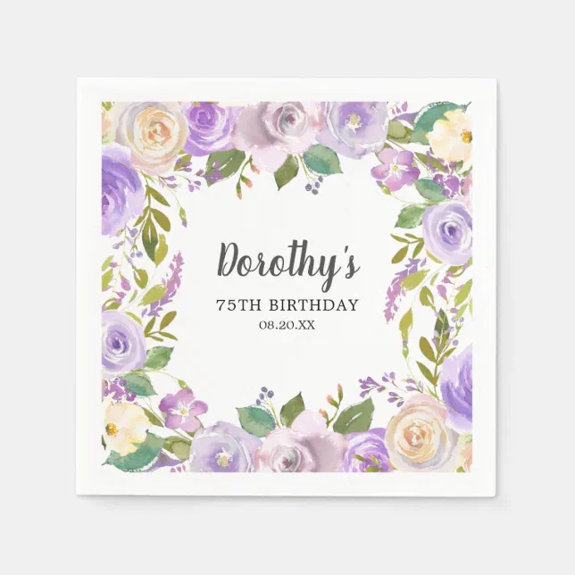 75th Birthday Party Purple Floral Monogram Napkins | Zazzle