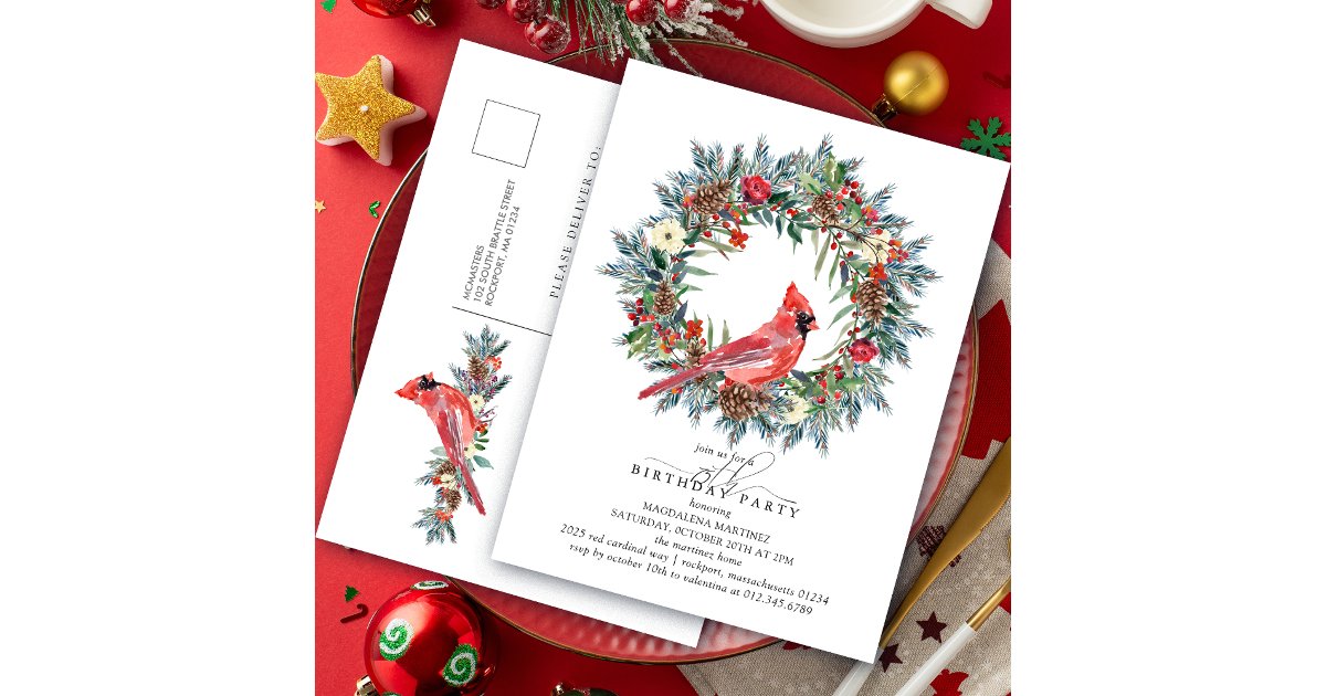 75th Birthday Party Red Cardinal Wreath Invitation Postcard | Zazzle