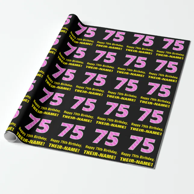 75th Birthday: Pink Stripes and Hearts "75" + Name Wrapping Paper | Zazzle