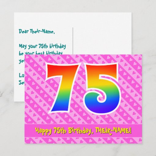 75th Birthday: Pink Stripes & Hearts, Rainbow 75 Postcard | Zazzle