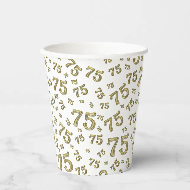 75th Birthday Random Number Pattern Gold/White 75 Paper Cups | Zazzle