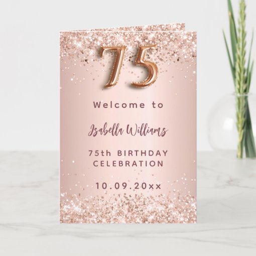 75th birthday rose gold photo welcome program | Zazzle
