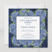 75th Birthday Rustic Wood Blue Hydrangeas Party Invitation | Zazzle