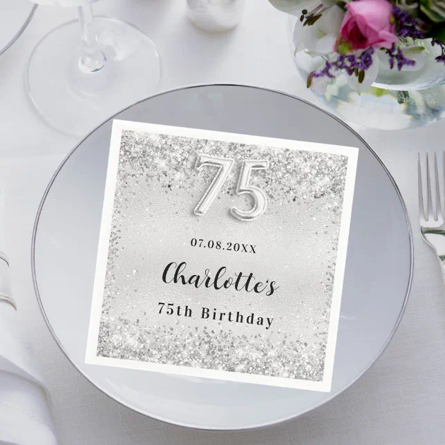 75th birthday silver elegant confetti napkins | Zazzle