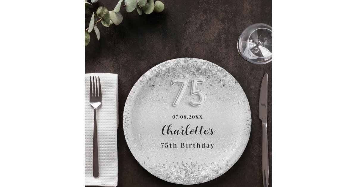 75th birthday silver elegant confetti paper plates | Zazzle