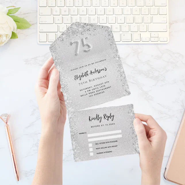 75th birthday silver glitter birthday rsvp all in one invitation | Zazzle