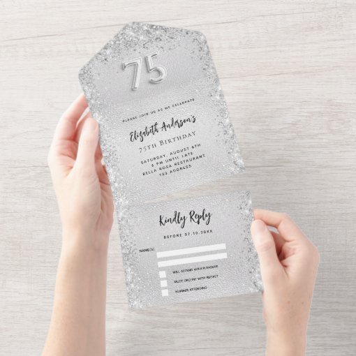 75th birthday silver glitter birthday rsvp all in one invitation | Zazzle