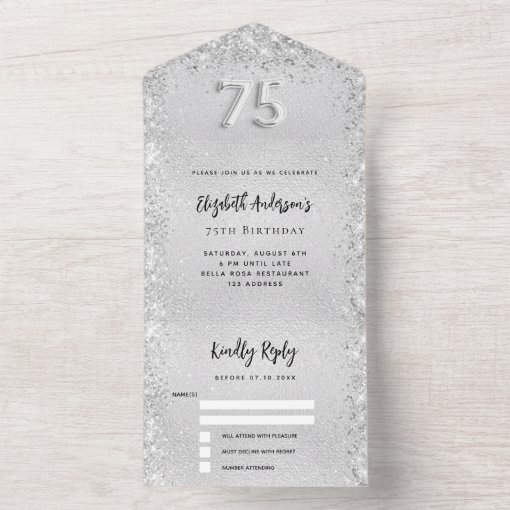 75th birthday silver glitter birthday rsvp all in one invitation | Zazzle