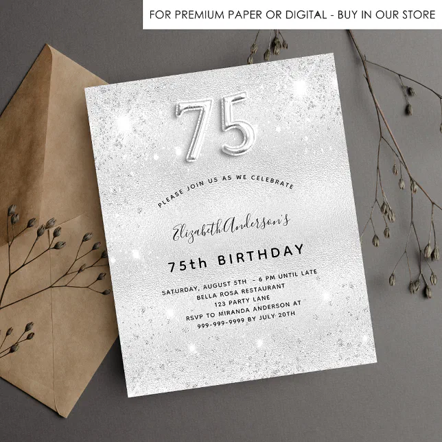 75th birthday silver glitter budget invitation | Zazzle
