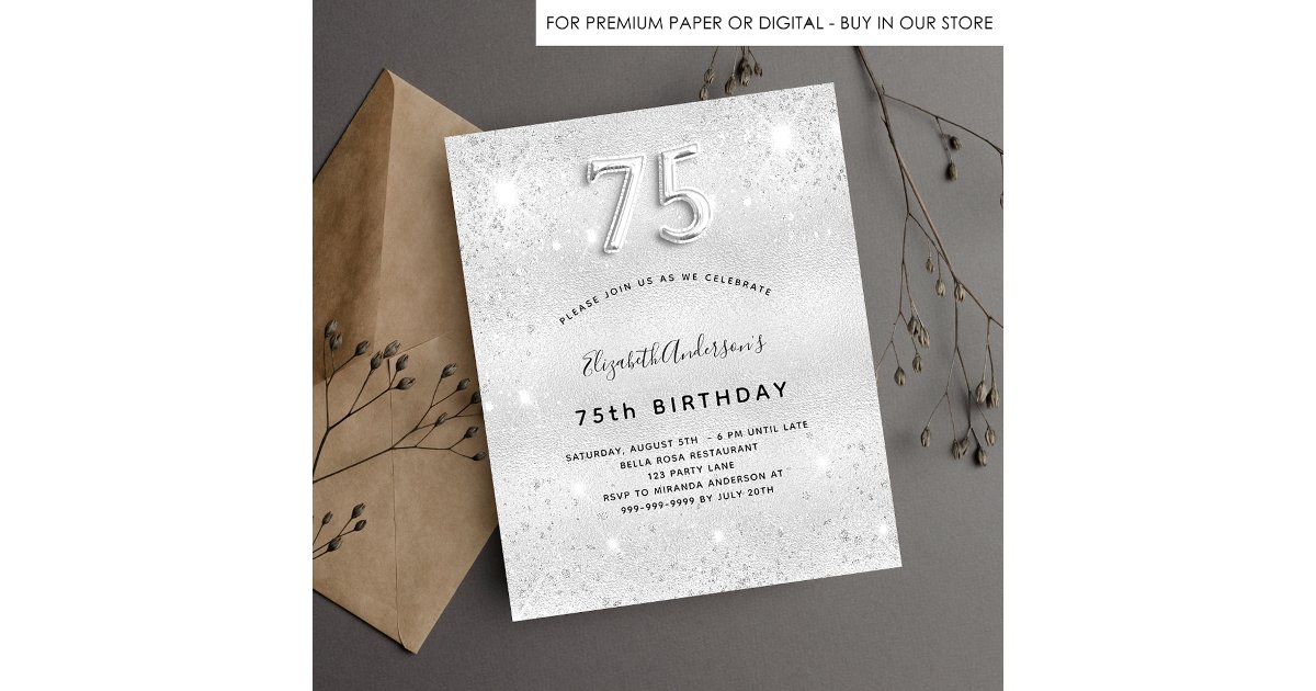 75th birthday silver glitter budget invitation flyer | Zazzle