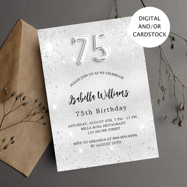 75th birthday silver glitter elegant invitation | Zazzle