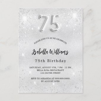 75th birthday silver glitter elegant invitation postcard | Zazzle