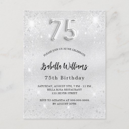 75th birthday silver glitter elegant invitation postcard | Zazzle