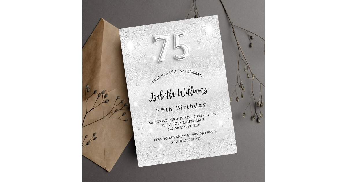 75th birthday silver glitter elegant luxury invitation | Zazzle