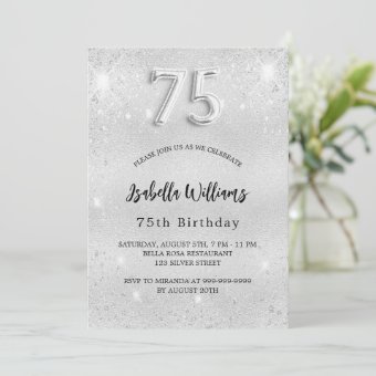 75th birthday silver glitter elegant luxury invitation | Zazzle