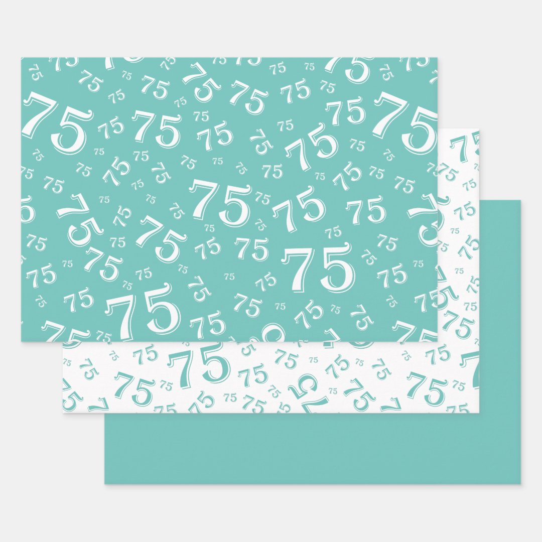 75th Birthday Teal & White Number Pattern 75 Wrapping Paper Sheets | Zazzle