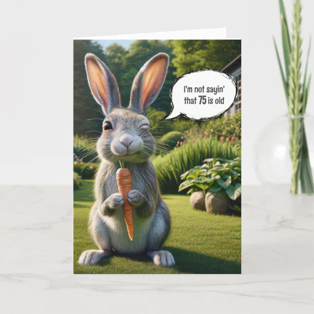 75th Birthday Winking Rabbit With a Carrot Card | Zazzle