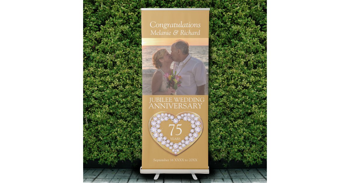 75th diamond gold wedding anniversary photo heart retractable banner ...