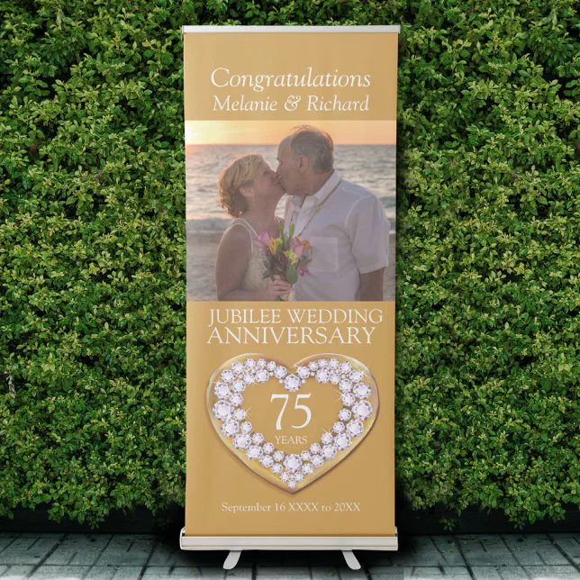 75th diamond gold wedding anniversary photo heart retractable banner ...