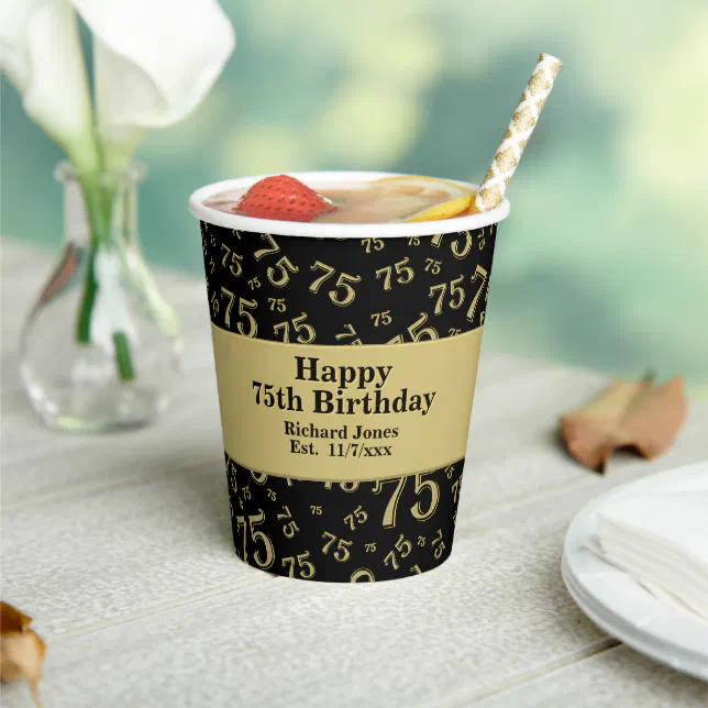 75th Happy Birthday Black/Gold Number Pattern Paper Cups | Zazzle