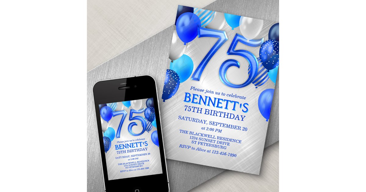 75th Mens Blue Birthday Invitation | Zazzle