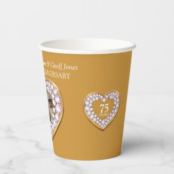 75th wedding anniversary photo gold and diamonds paper cups | Zazzle