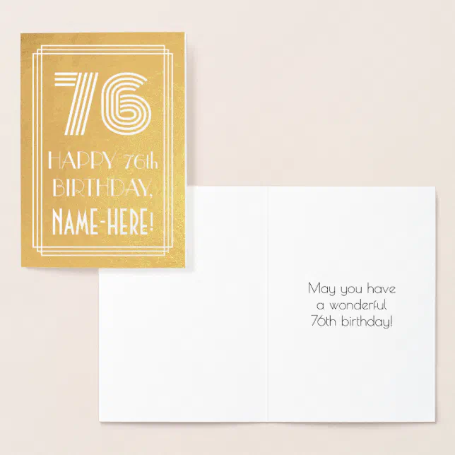 76th Birthday – Art Deco Inspired Look "76" + Name Foil Card | Zazzle