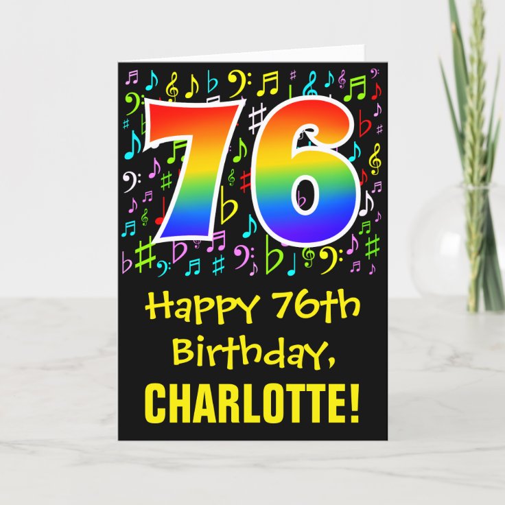 76th Birthday: Colorful Music Symbols + Rainbow 76 Card | Zazzle