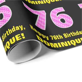 76th Birthday: Pink Stripes and Hearts "76" + Name Wrapping Paper | Zazzle