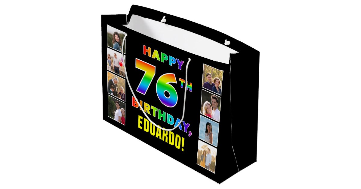 76th Birthday: Rainbow Text, Custom Photos & Name Large Gift Bag | Zazzle