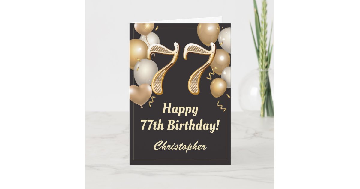 77th Birthday Black and Gold Balloons Confetti Card | Zazzle