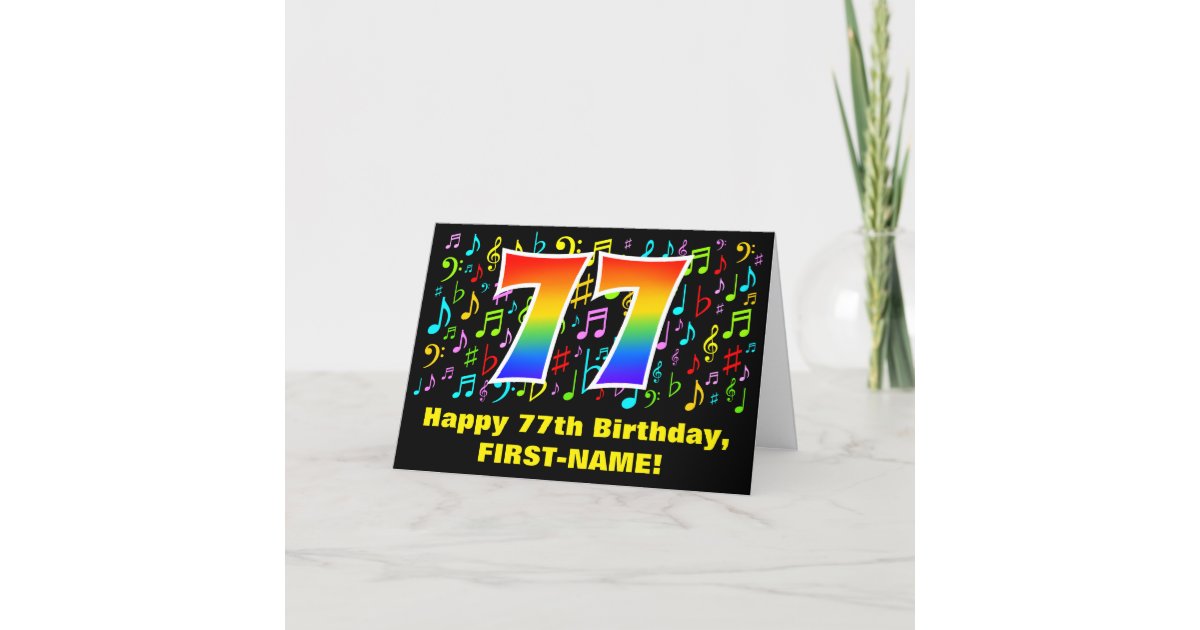 77th Birthday: Colorful Music Symbols & Rainbow 77 Card | Zazzle