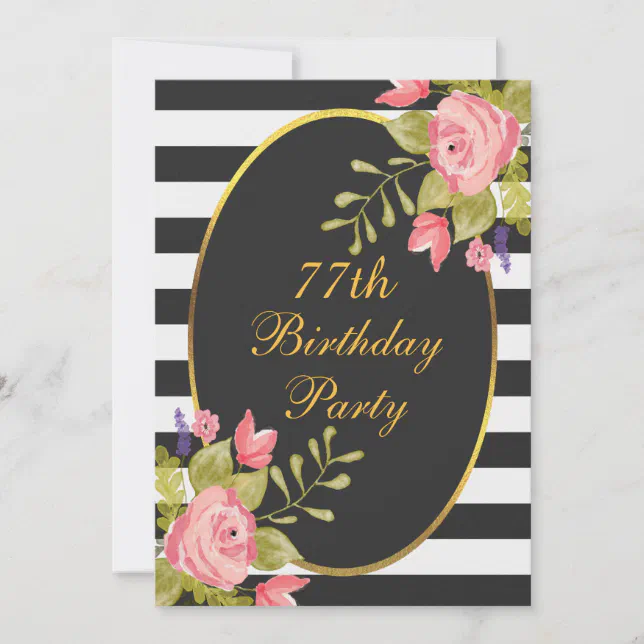77th Birthday Floral Black White Stripes Gold Foil Invitation | Zazzle