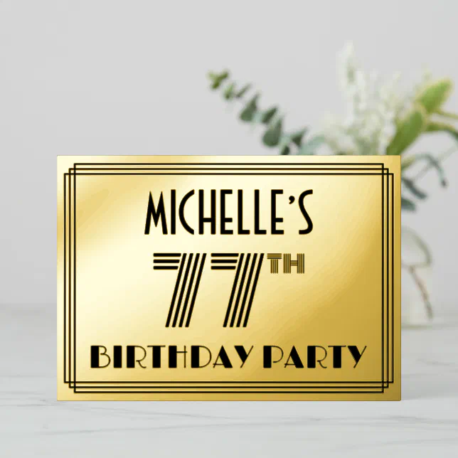 77th Birthday Party — Art Deco Style “77” & Name Foil Invitation | Zazzle