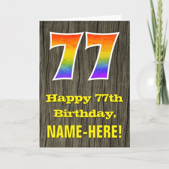 77th Birthday: Rustic Faux Wood Look, Rainbow "77" Card | Zazzle.com