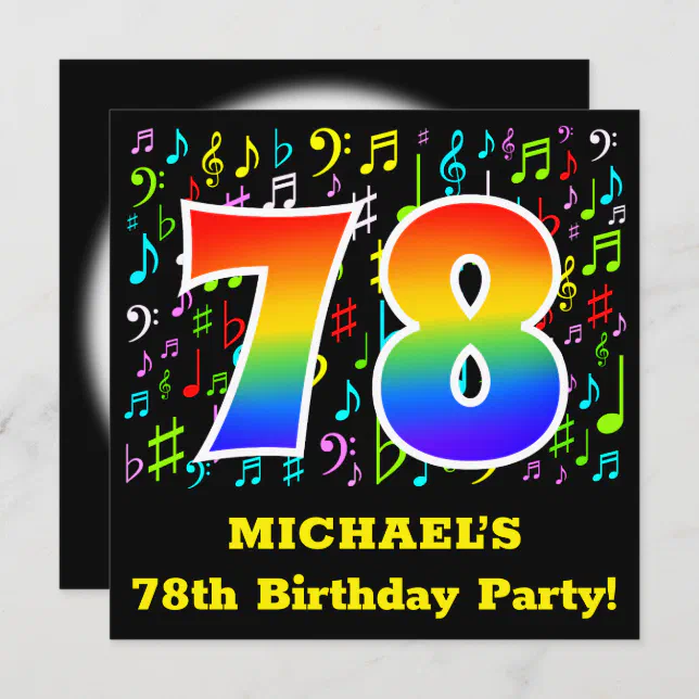 78th Birthday Party: Fun Music Symbols, Rainbow 78 Invitation | Zazzle