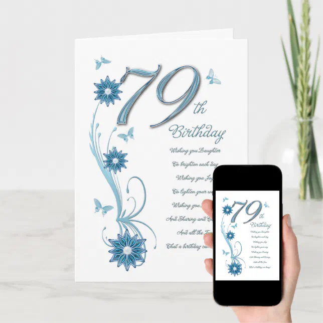 79th birthday in teal with flowers and butterfly card | Zazzle