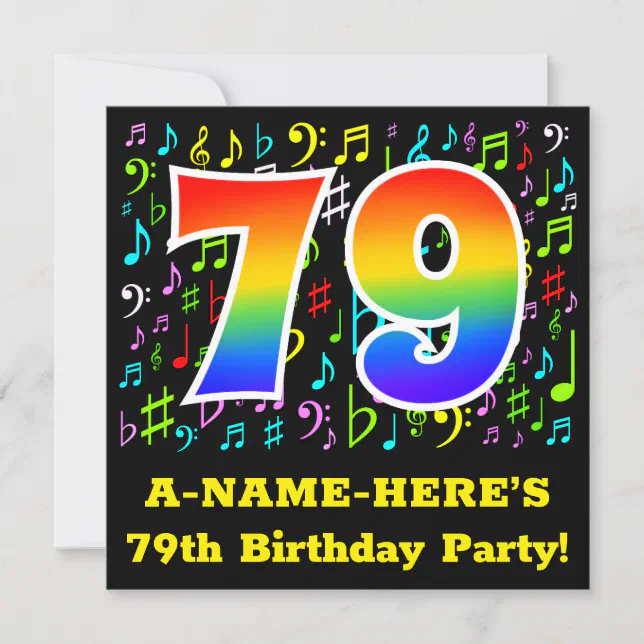 79th Birthday Party: Fun Music Symbols, Rainbow 79 Invitation | Zazzle
