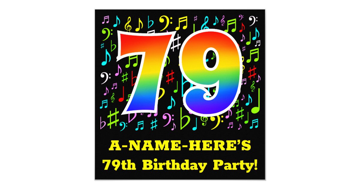 79th Birthday Party: Fun Music Symbols, Rainbow 79 Invitation | Zazzle.com