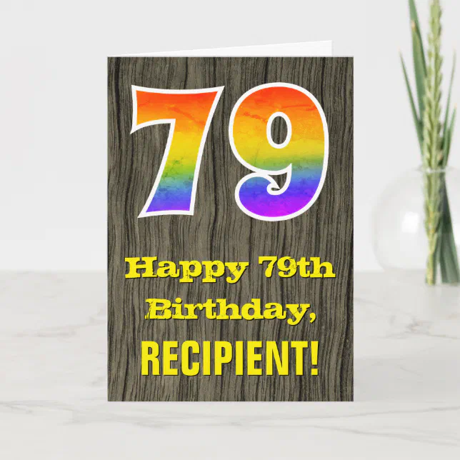 79th Birthday: Rustic Faux Wood Look, Rainbow "79" Card | Zazzle