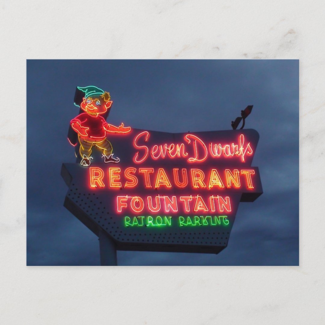 7 Dwarfs Restaurant In Wheaton Il. Retro Neon Sign Postcard | Zazzle