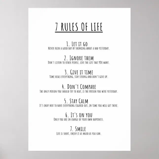 7 Rules of Life motivational Poster | Zazzle