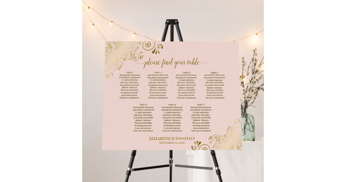 7 table Blush Pink & Gold Wedding Seating Chart Foam Board | Zazzle