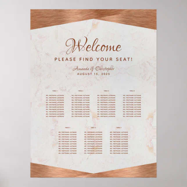 7 Table Copper Seating Chart Wedding Marble Metal | Zazzle