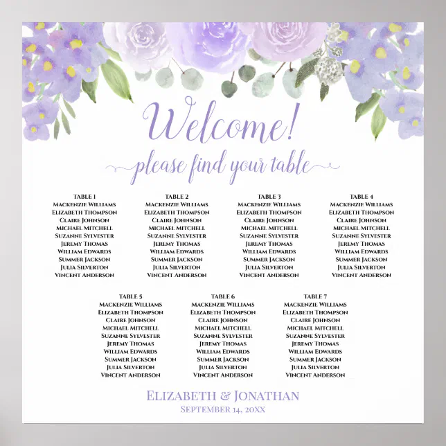 7 Table Lavender Floral Wedding Seating Chart | Zazzle